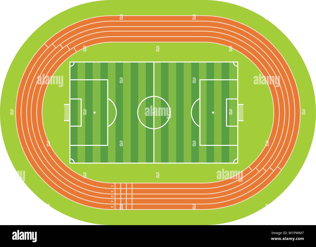 Luftaufnahme von einem Fußballfeld mit weißen Linie auf grünem ...