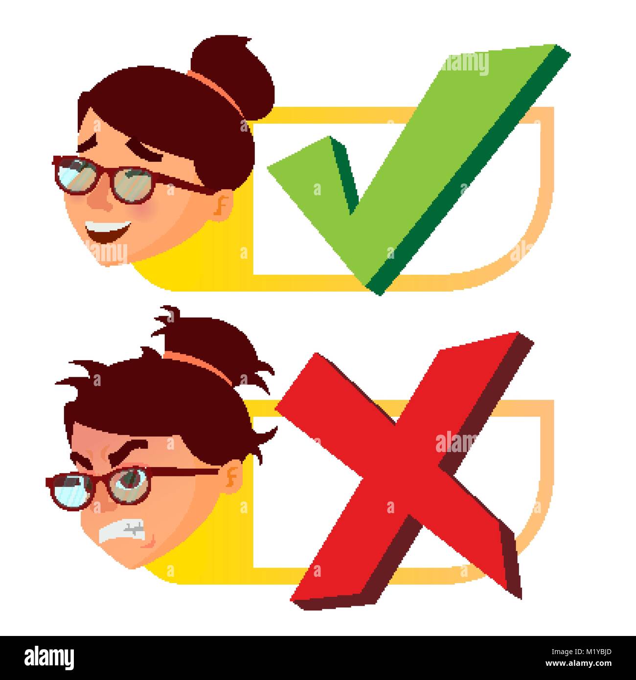 Ja und Jetzt anmelden Vektor. Frau Gesicht mit Emotionen. Genehmigung ...