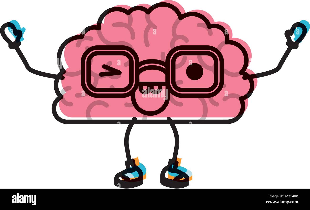 Gehirn cartoon mit Brille und Auge zwinkern Ausdruck in Aquarell ...