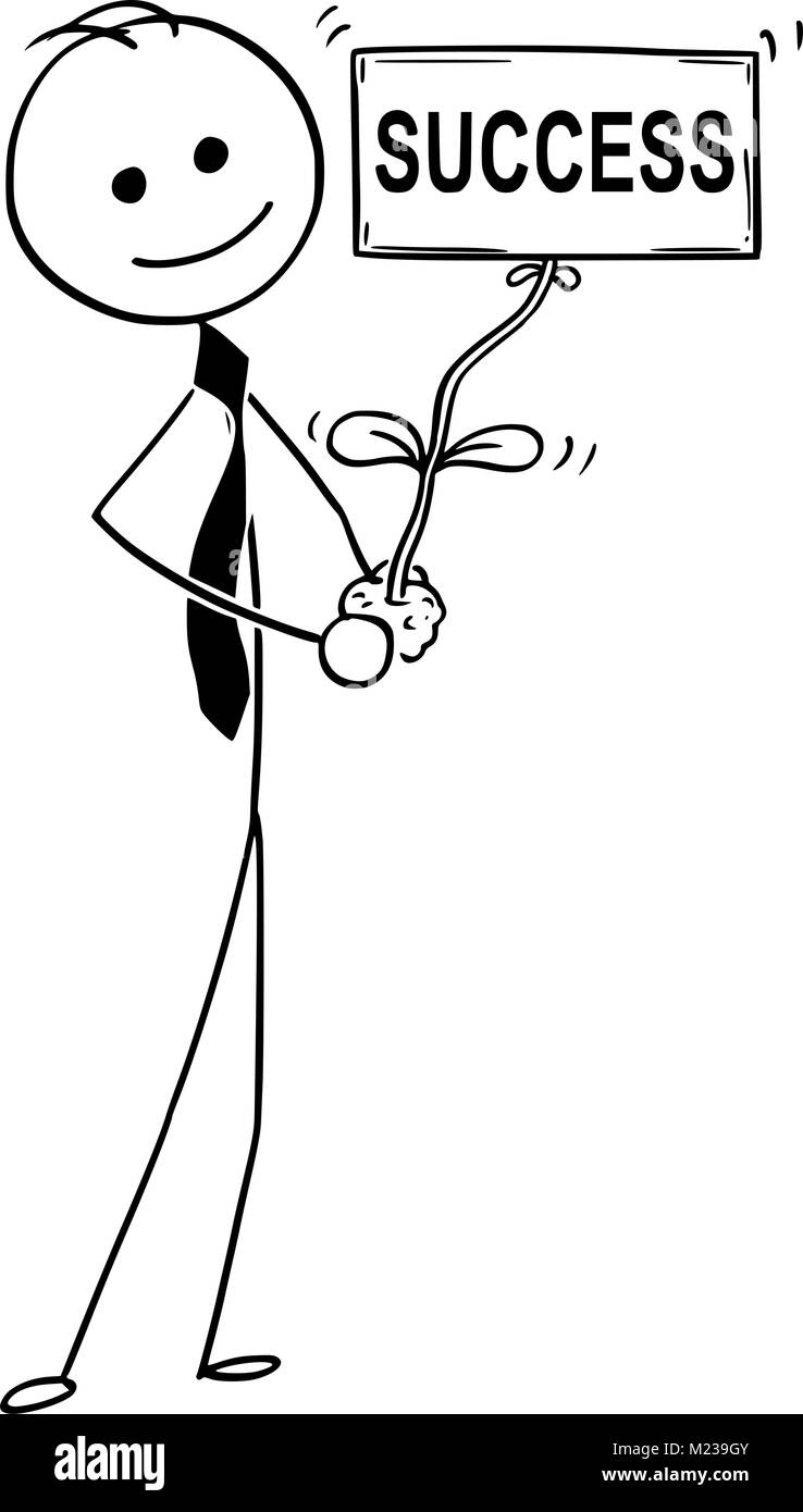 Cartoon von Geschäftsmann mit Anlage als Erfolg Schild in der Hand ...