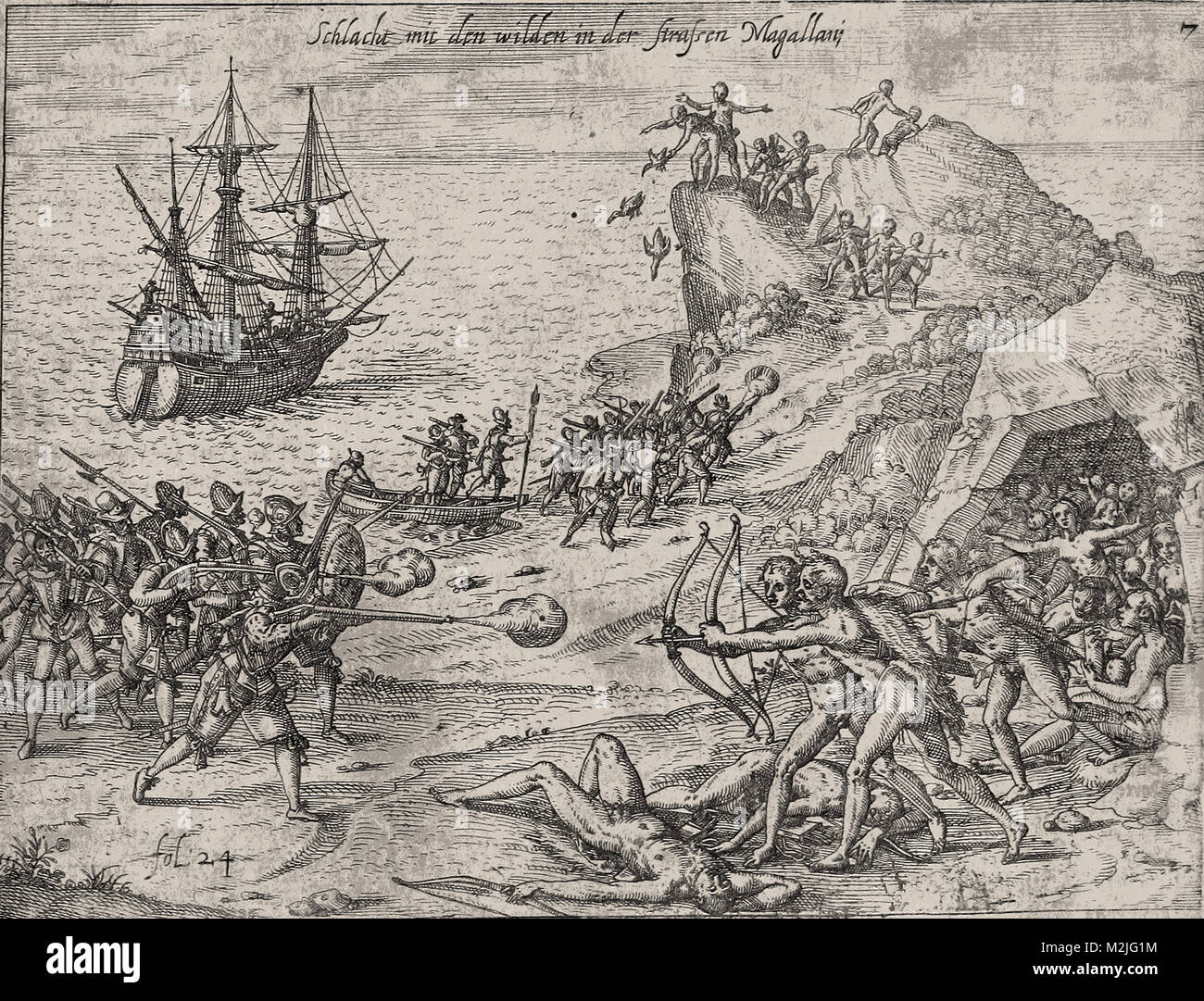 Theodor de Bry - Indianer kämpfen mit Oliver van Noort Gravur von 1599 ...