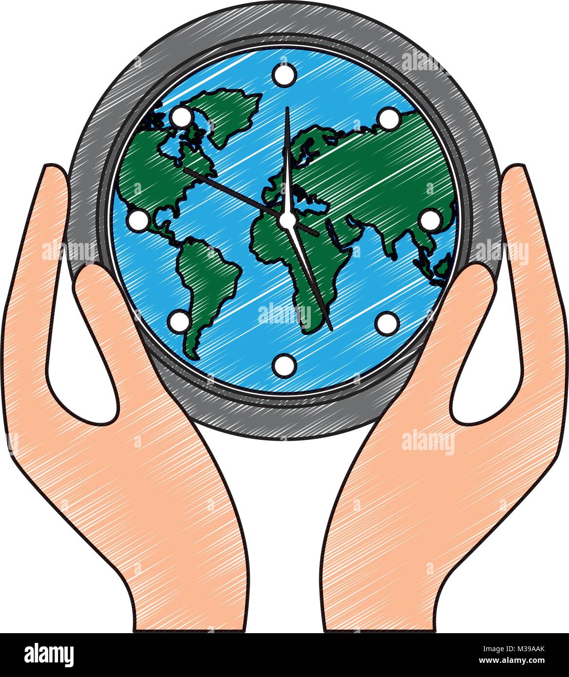 Hände, die Uhr mit Erde im Inneren der Karte Stock-Vektorgrafik - Alamy