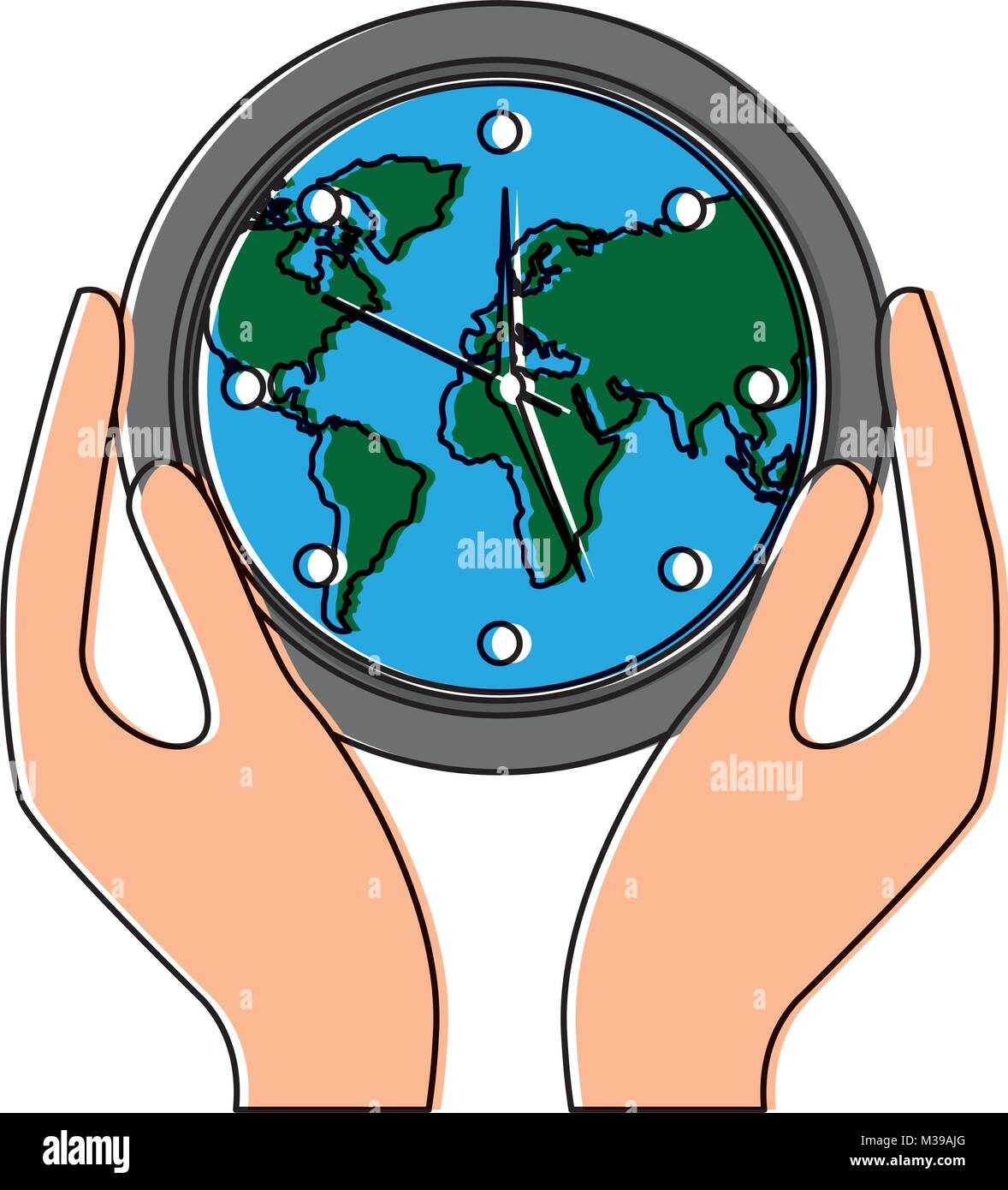 Hände, die Uhr mit Erde im Inneren der Karte Stock-Vektorgrafik - Alamy