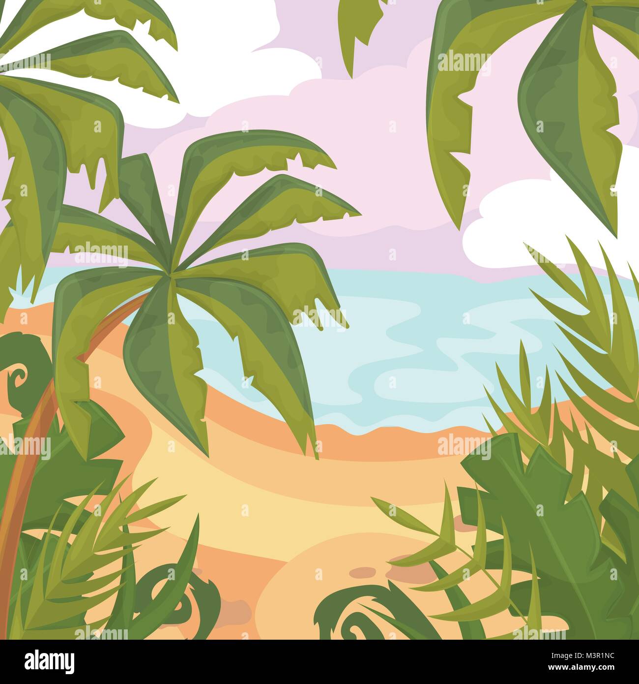 Sommer am Strand. Palmen und Pflanzen um. Cartoon Vector Illustration ...