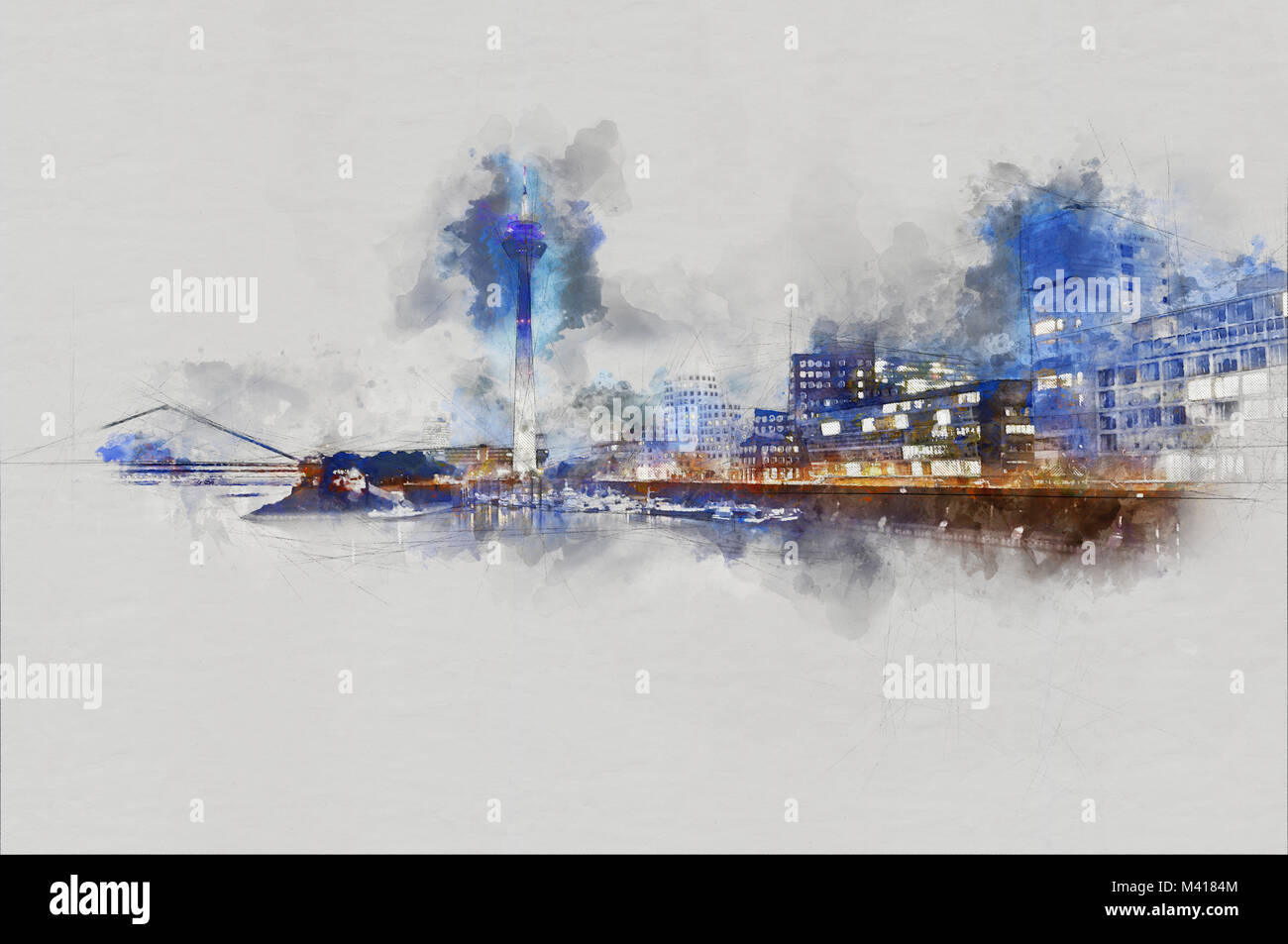 Aquarell Malerei der Media Harbour an Rhine-River mit Rhine-Tower und ...
