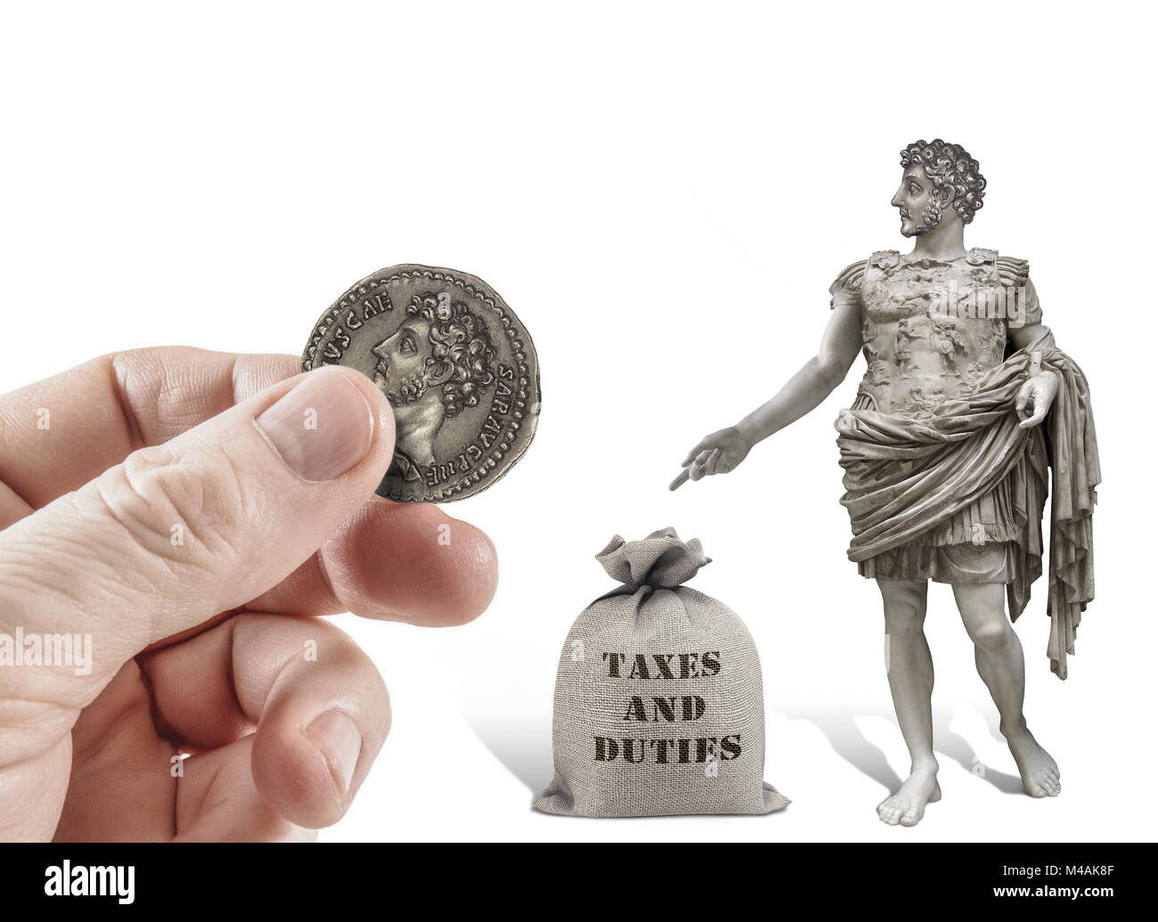 Hand mit Caesar Statue eine Münze mit seinem Bild für Steuern. Gebet ...