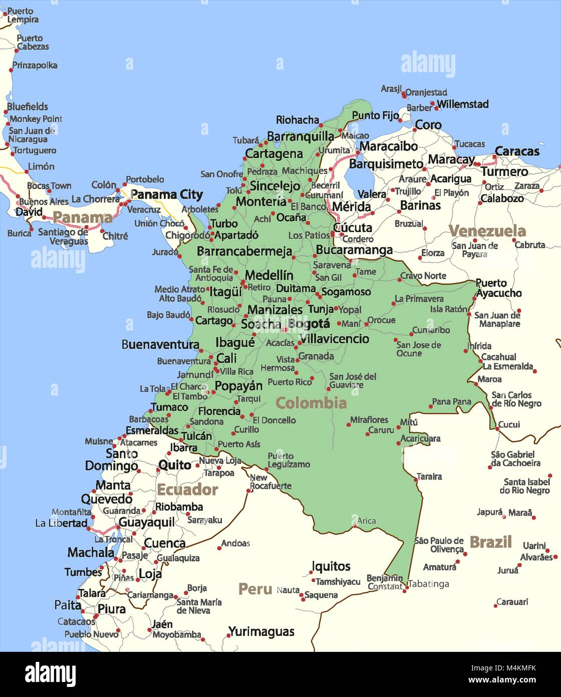 Karte von Kolumbien. Zeigt die Ländergrenzen, städtischen Gebieten ...