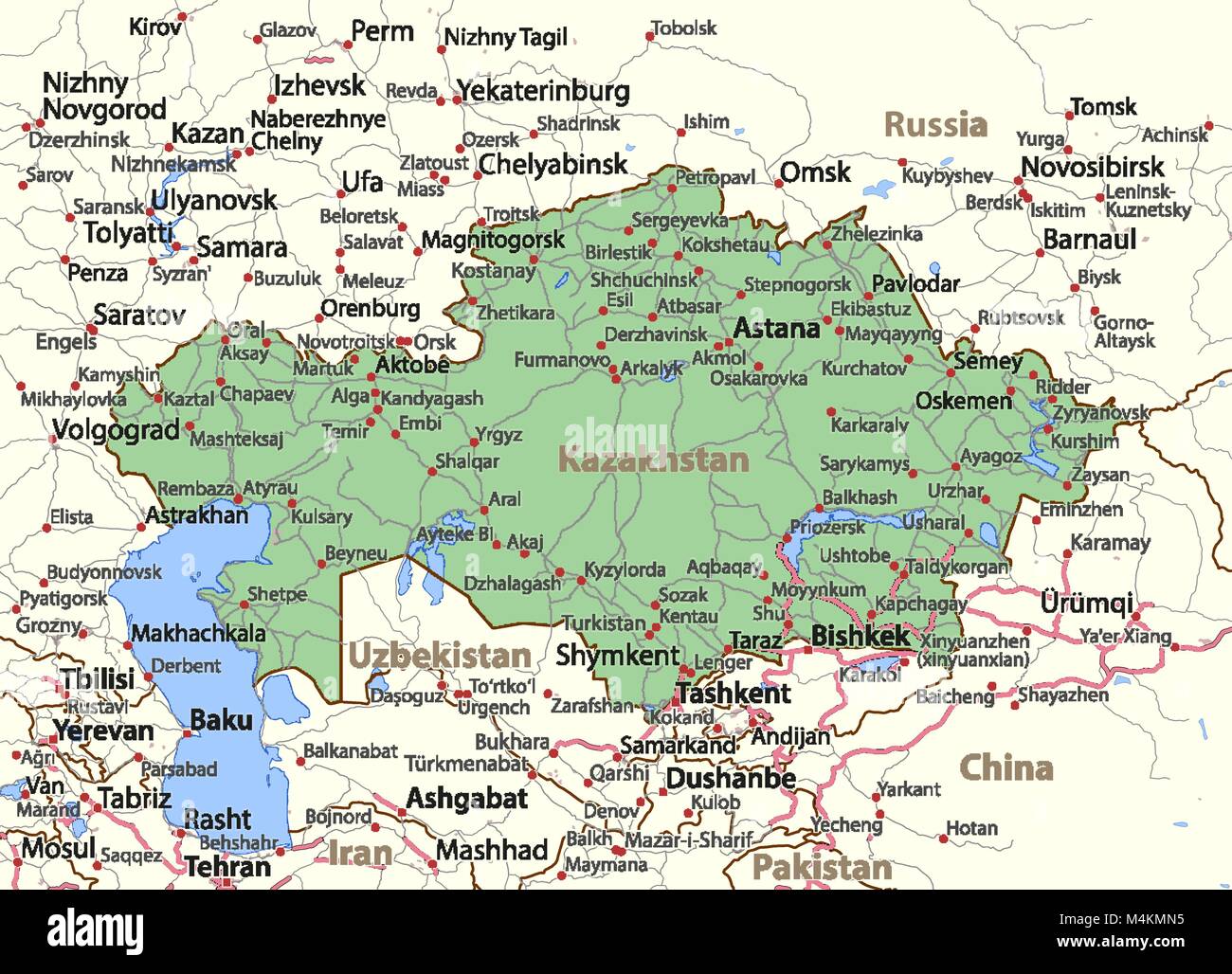 Karte von Kasachstan. Zeigt die Ländergrenzen, städtischen Gebieten ...