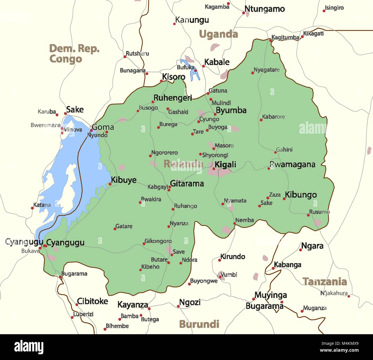 Karte von Ruanda. Zeigt die Ländergrenzen, städtischen Gebieten ...