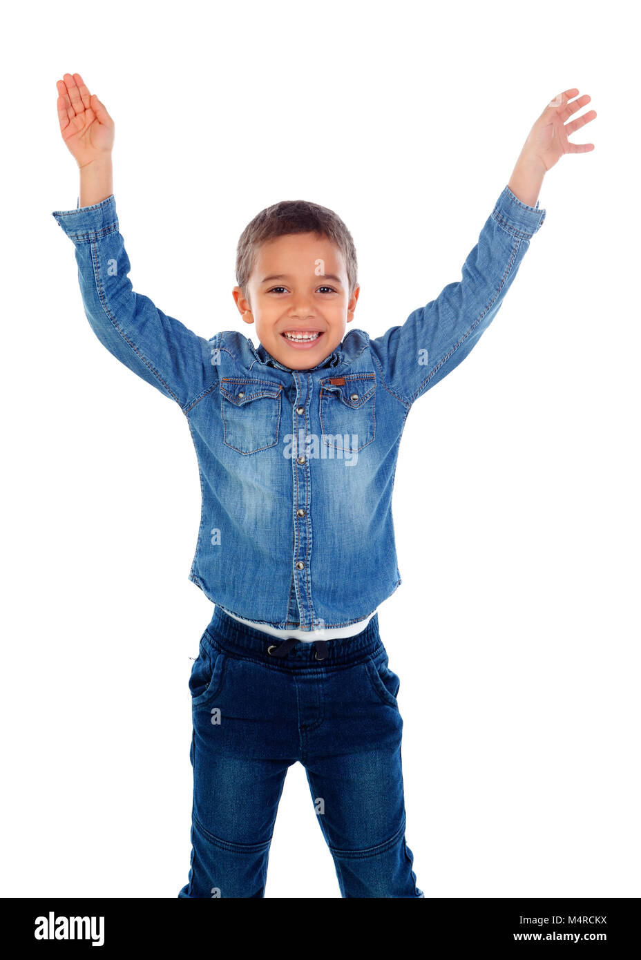 Glückliches Kind heben die Arme auf weißem Hintergrund Stockfotografie ...