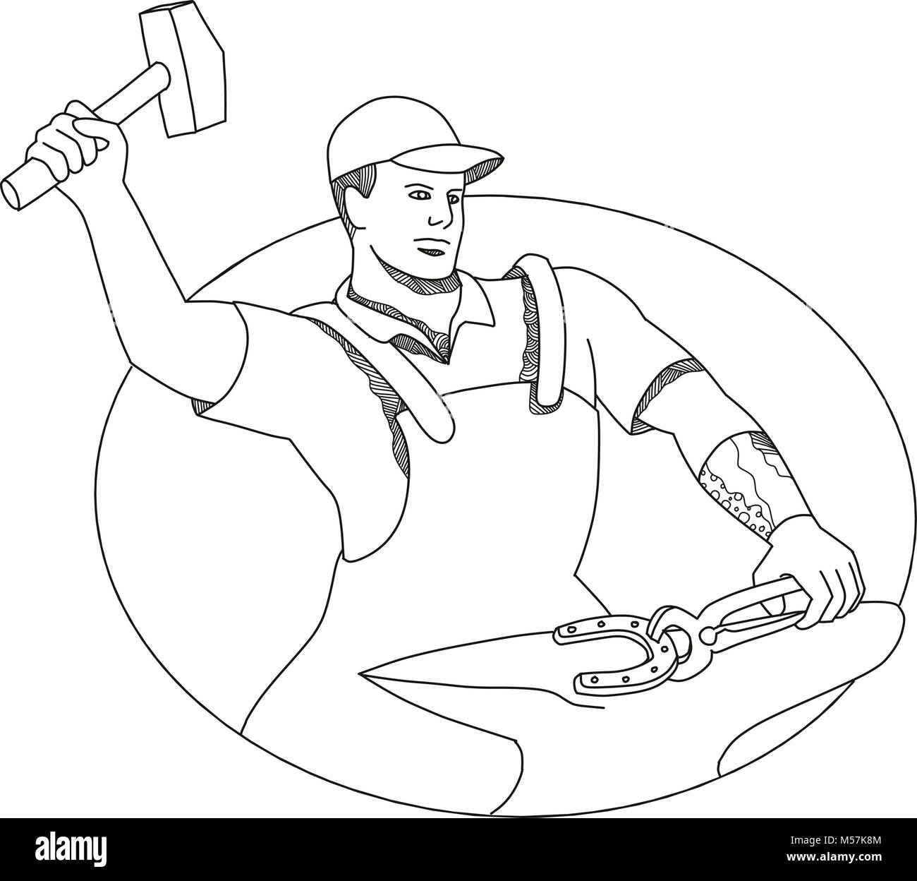 Doodle art Illustration eines Hufschmied mit einem Hammer anschlagen ...