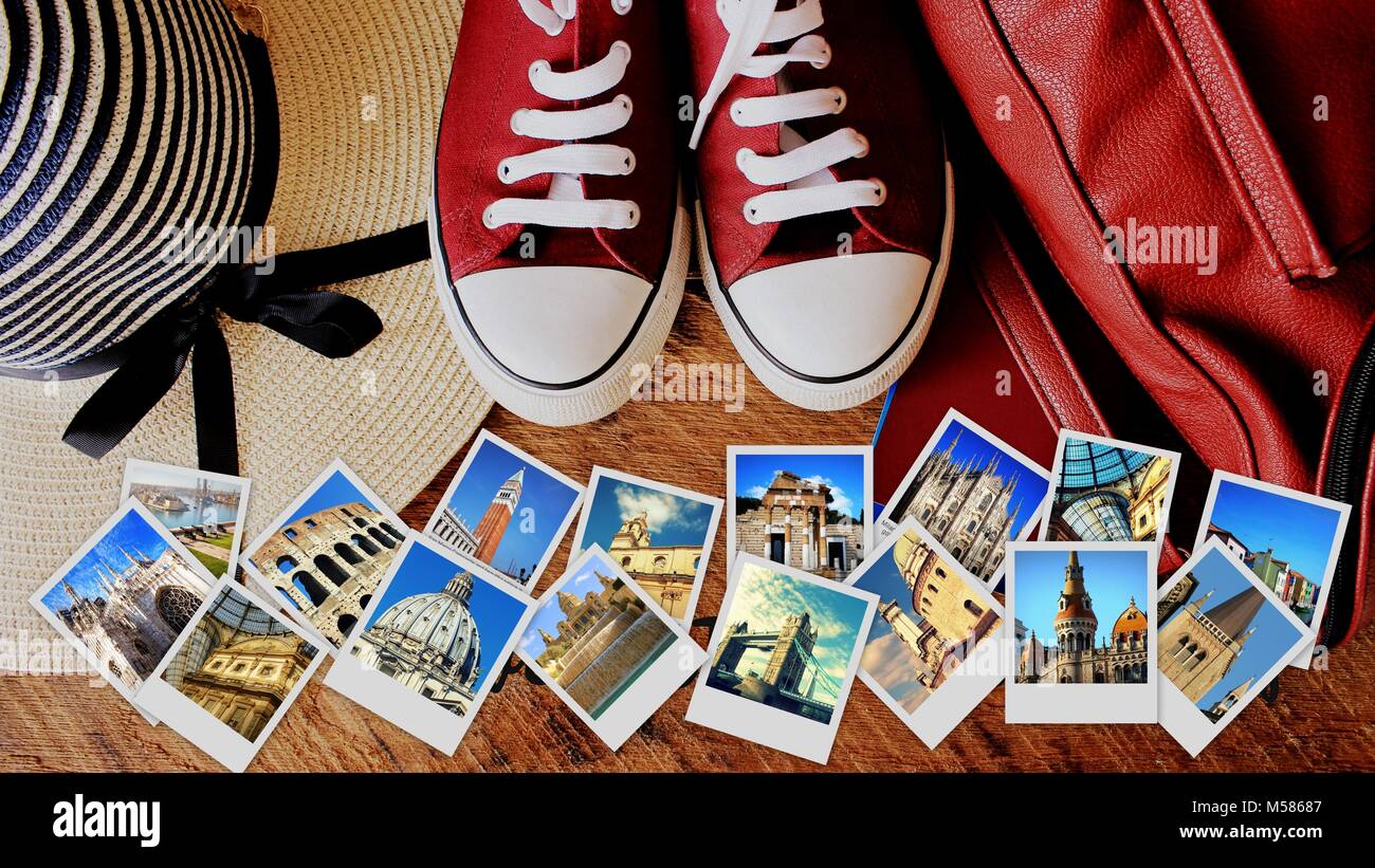 Collage von Wahrzeichen, der Reise Fotos eingestellt. Koffer und ...