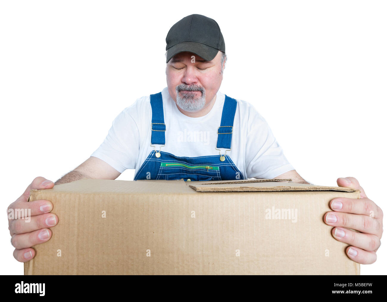 Arbeitnehmer psyching selbst eine schwere Box Es greifen mit seinen ...