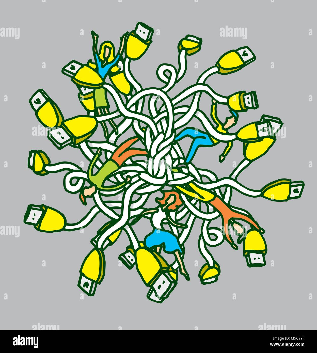 Cartoon Illustration von Menschen in Kabel und Verbindungen zu ...
