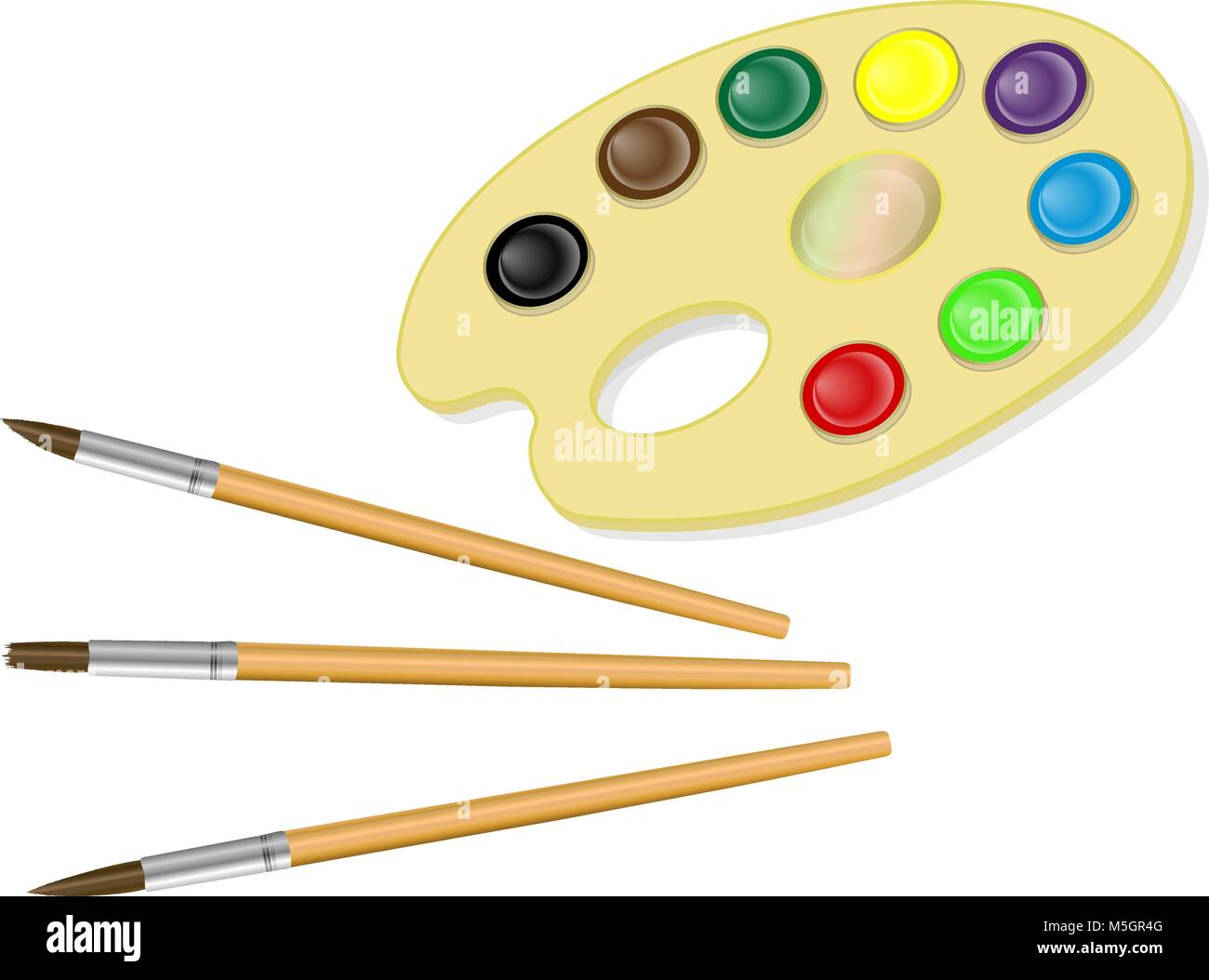 Palette mit Farben und Pinsel auf weißem Hintergrund Stock-Vektorgrafik ...