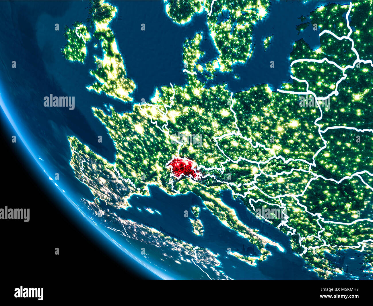 Karte der Schweiz in Rot vom Platz auf dem Planeten Erde bei Nacht mit ...