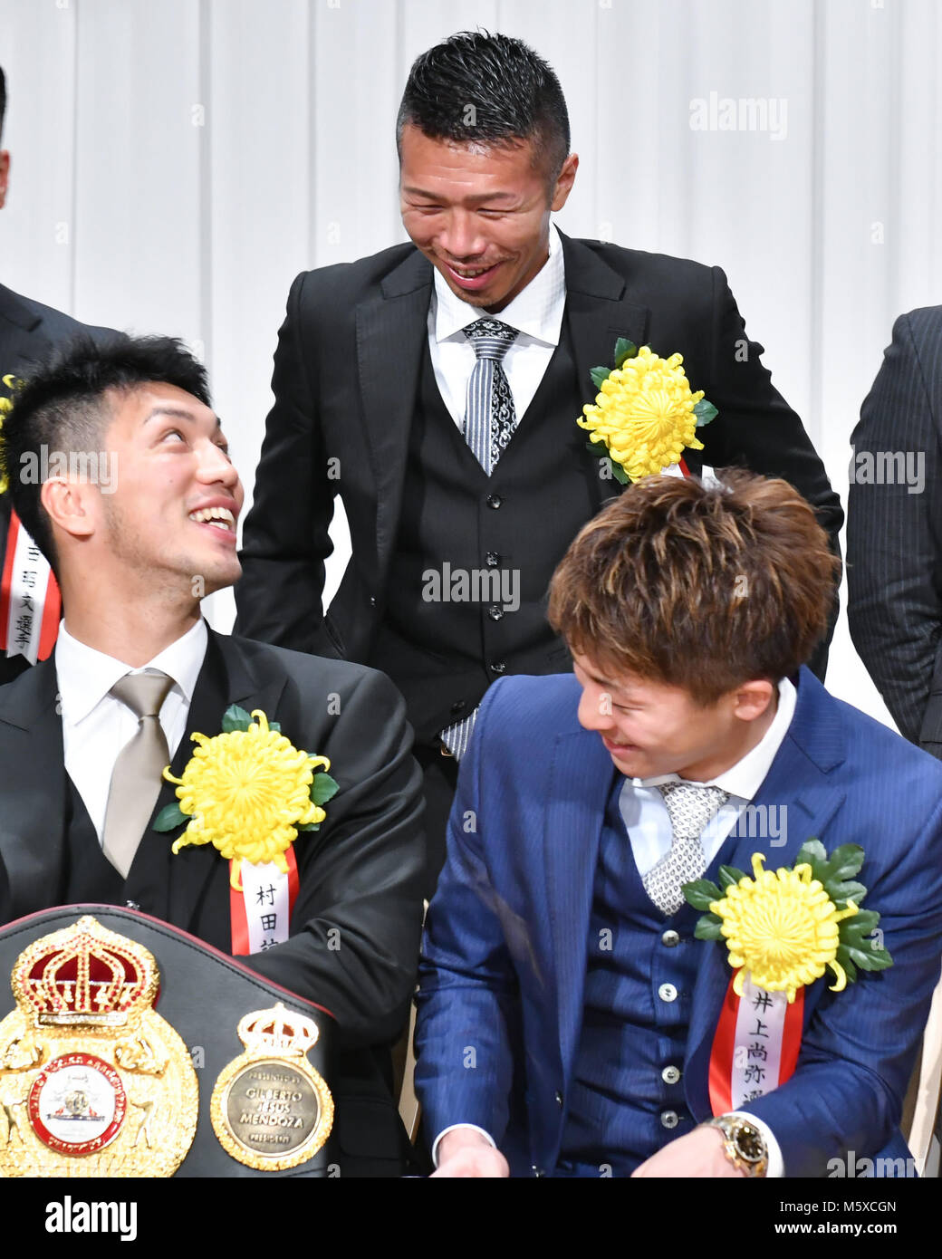 Tokio, Japan. 9 Feb, 2018. (L - R) Ryota Murata, Takashi Uchiyama, Naoya Inoue Boxen: Japan's ...