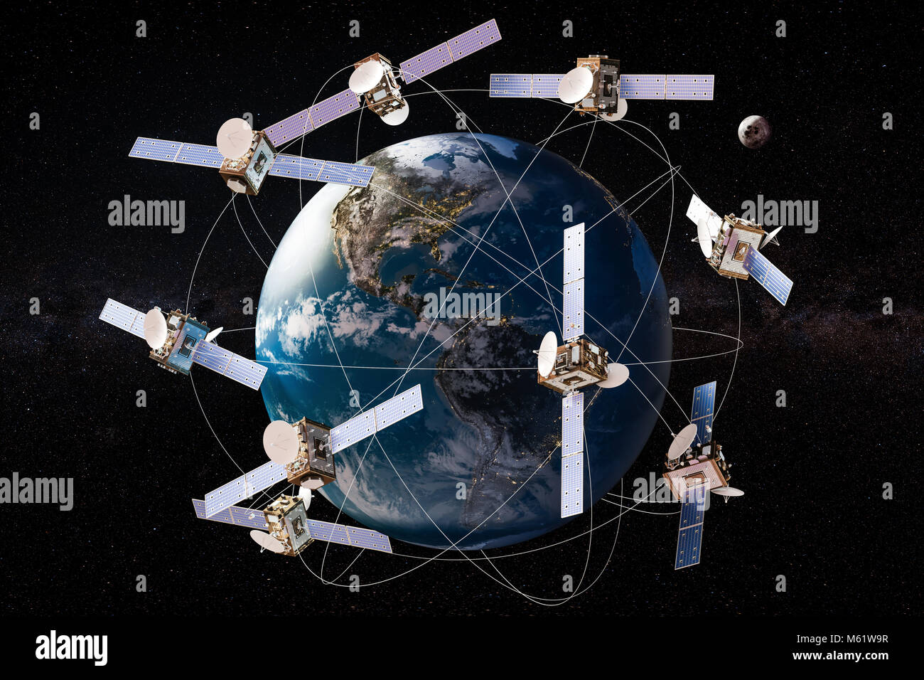Space Satelliten in Umlaufbahnen um die Erde Globus, 3D-Rendering ...