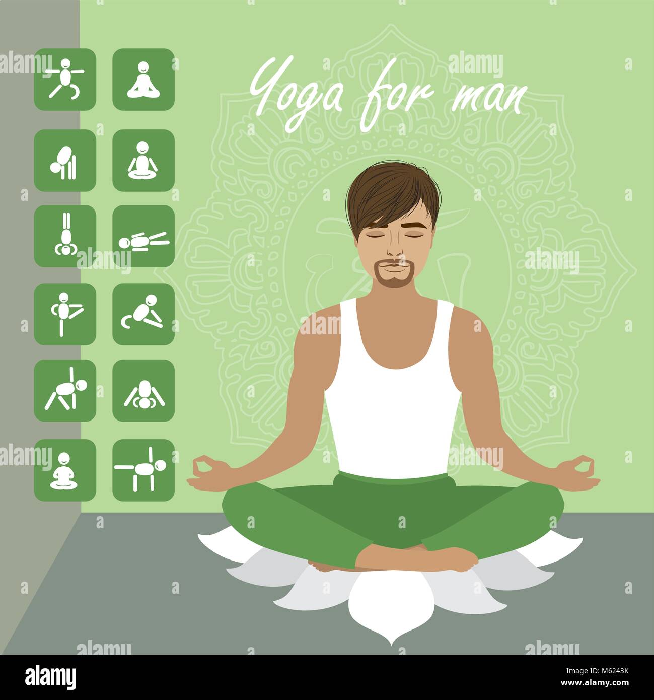 Mann in den Lotussitz und Männer Symbole in verschiedenen Yoga ...