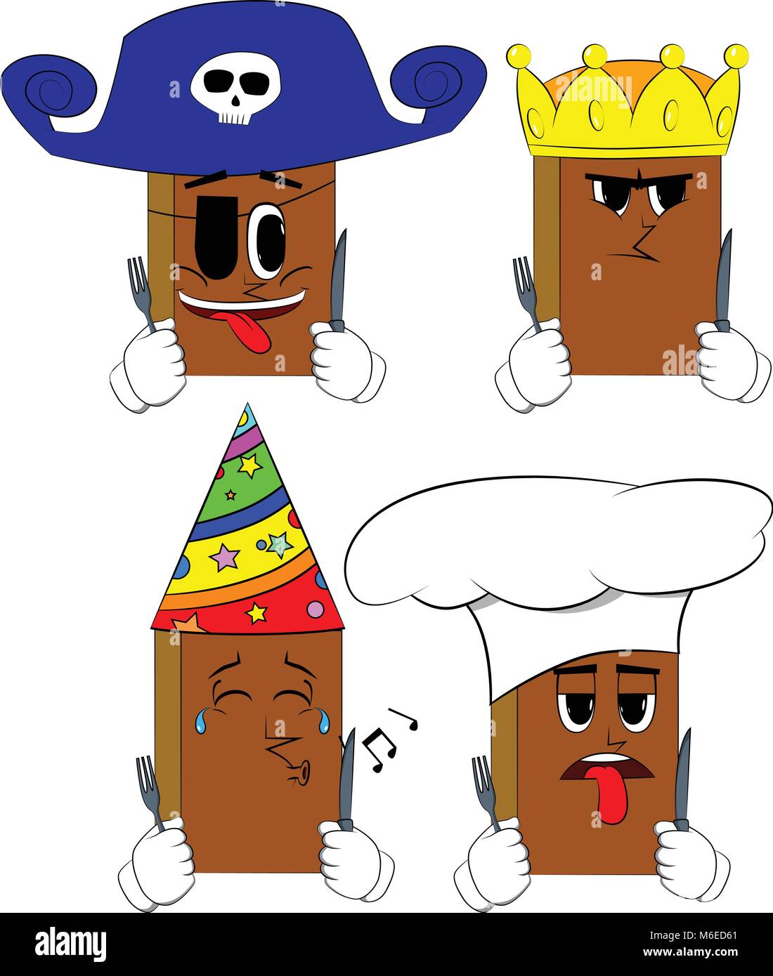 Bücher mit Messer und Gabel. Comic Book Collection mit Kostüm Gesichter ...