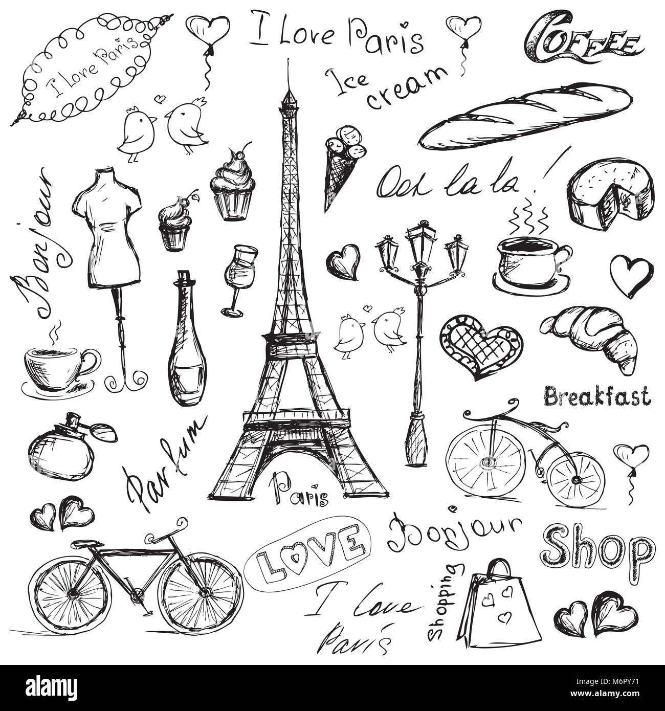 Paris Symbole, von Hand gezeichnete Objekte oder Icons auf weißem ...
