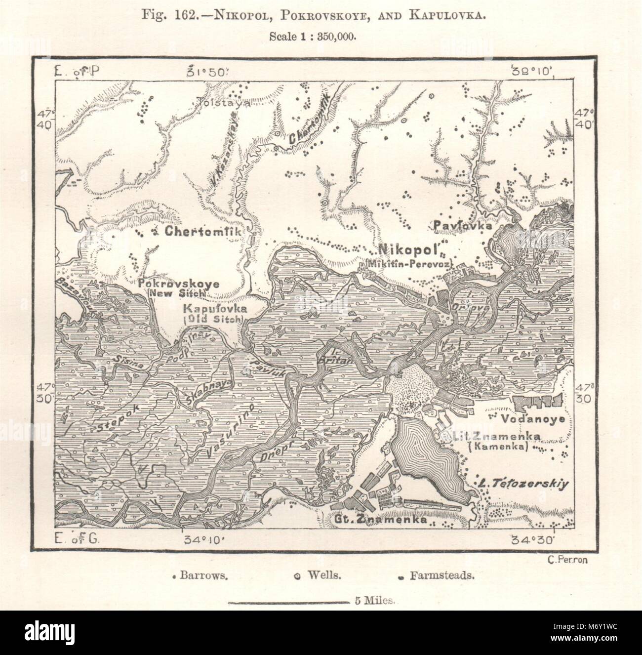 Nikopol, Pokrowski, und Kapulivka. In der Ukraine. Kartenskizze 1885 ...