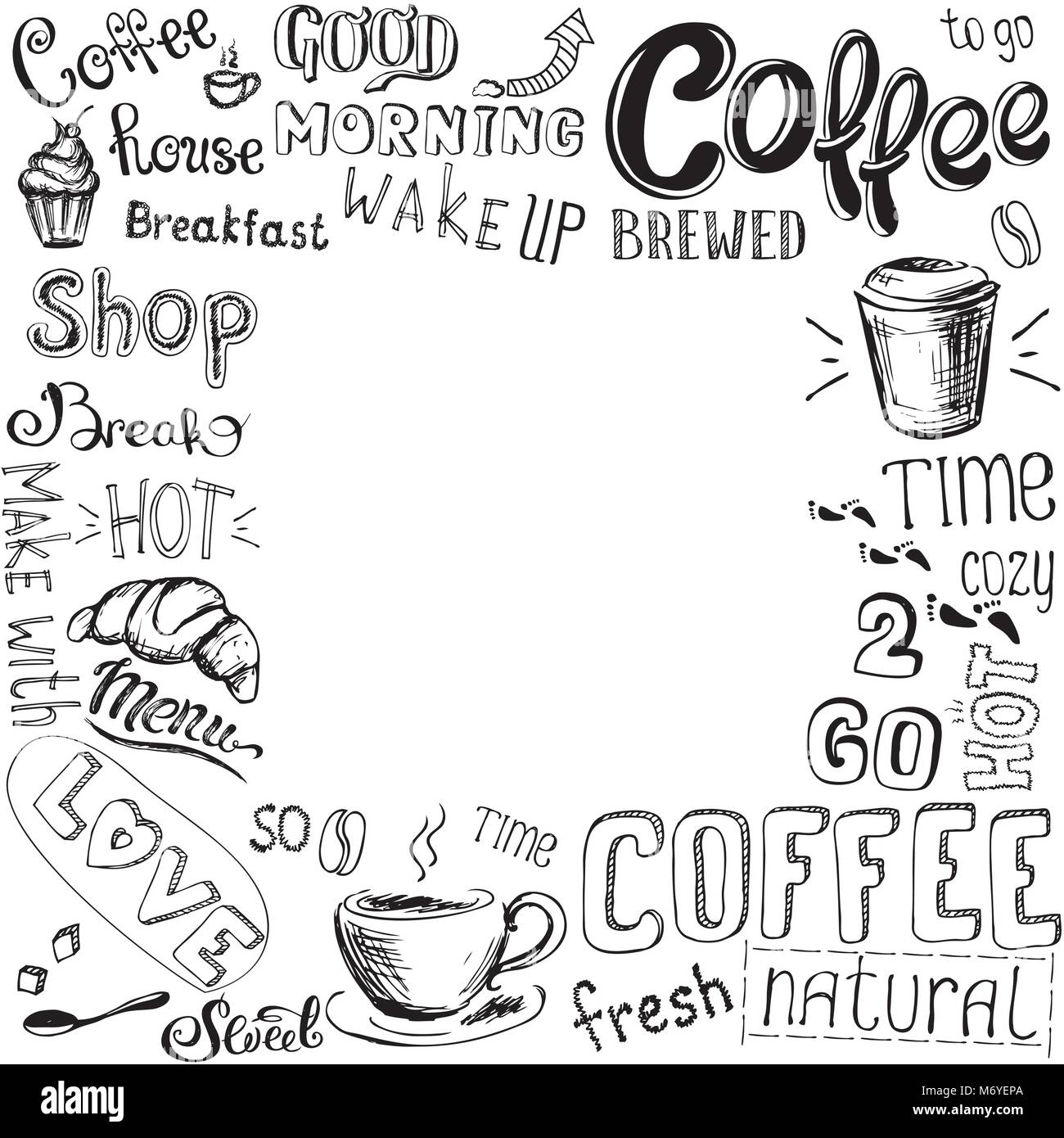 Kaffee doodle Hintergrund oder Rahmen, Hand auf Weiß, Vektor ...