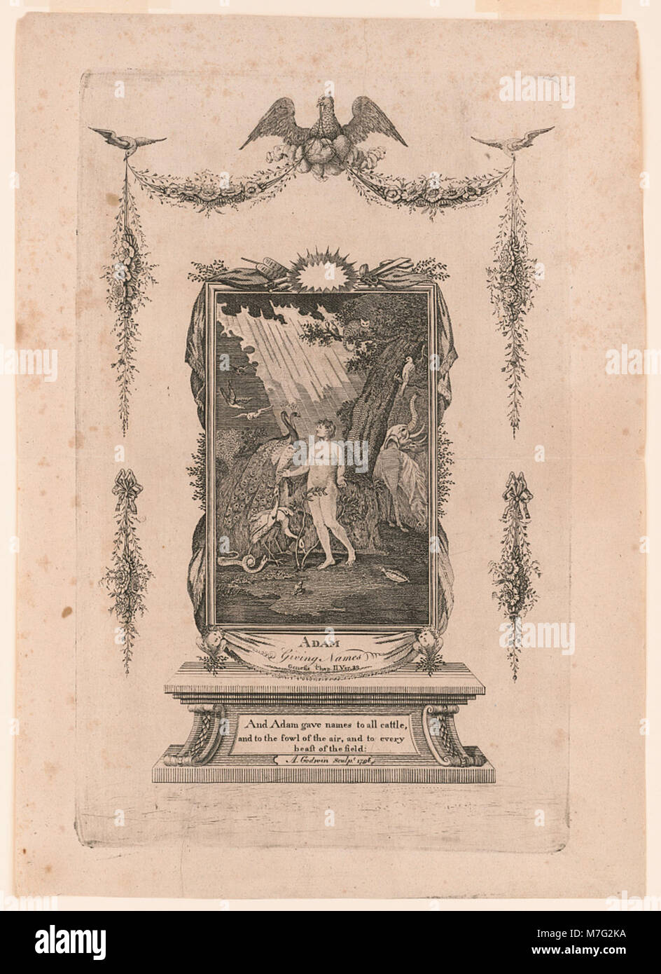 Eine Darstellung von Adam, der die Tiere benennt, veranschaulicht die biblische Geschichte der ...