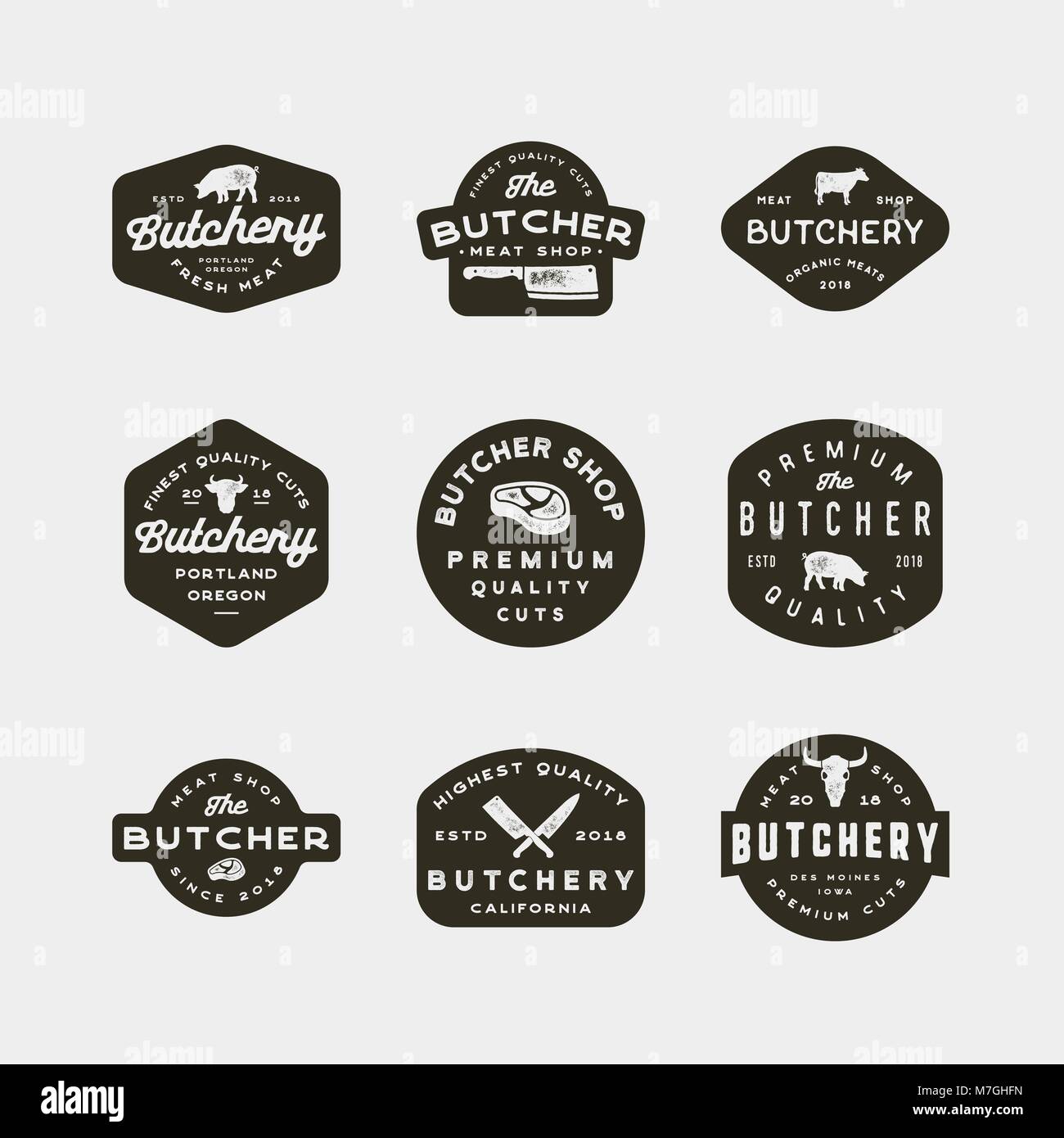 Satz von Vintage Metzgerei Logos. retro styled Fleisch shop Embleme ...