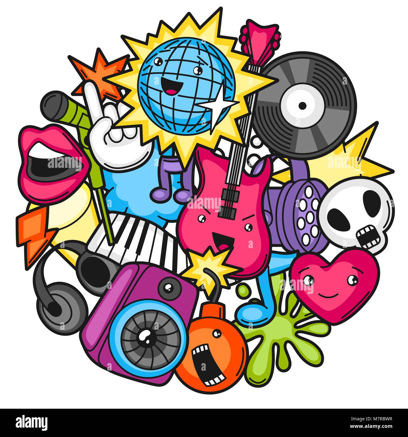 Musik Party kawaii Design. Musikinstrumente, Symbole und Objekte im ...