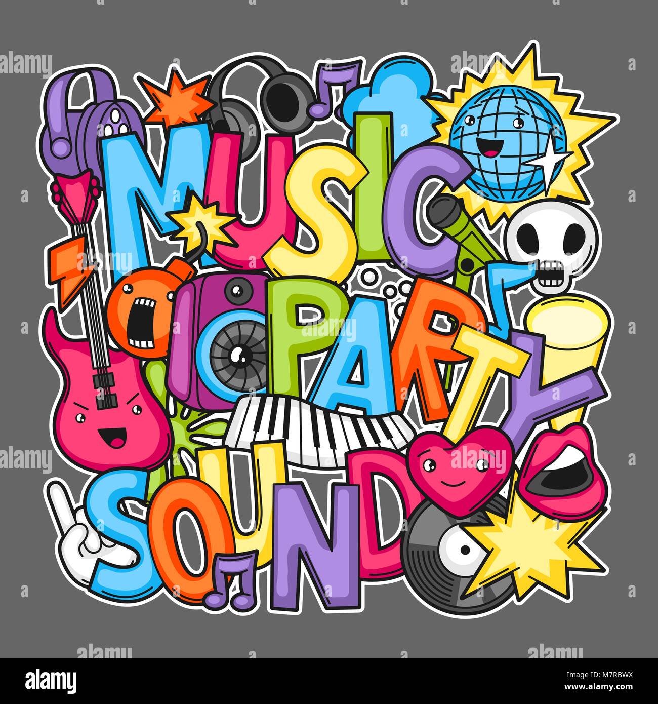 Musik Party kawaii Design. Musikinstrumente, Symbole und Objekte im ...