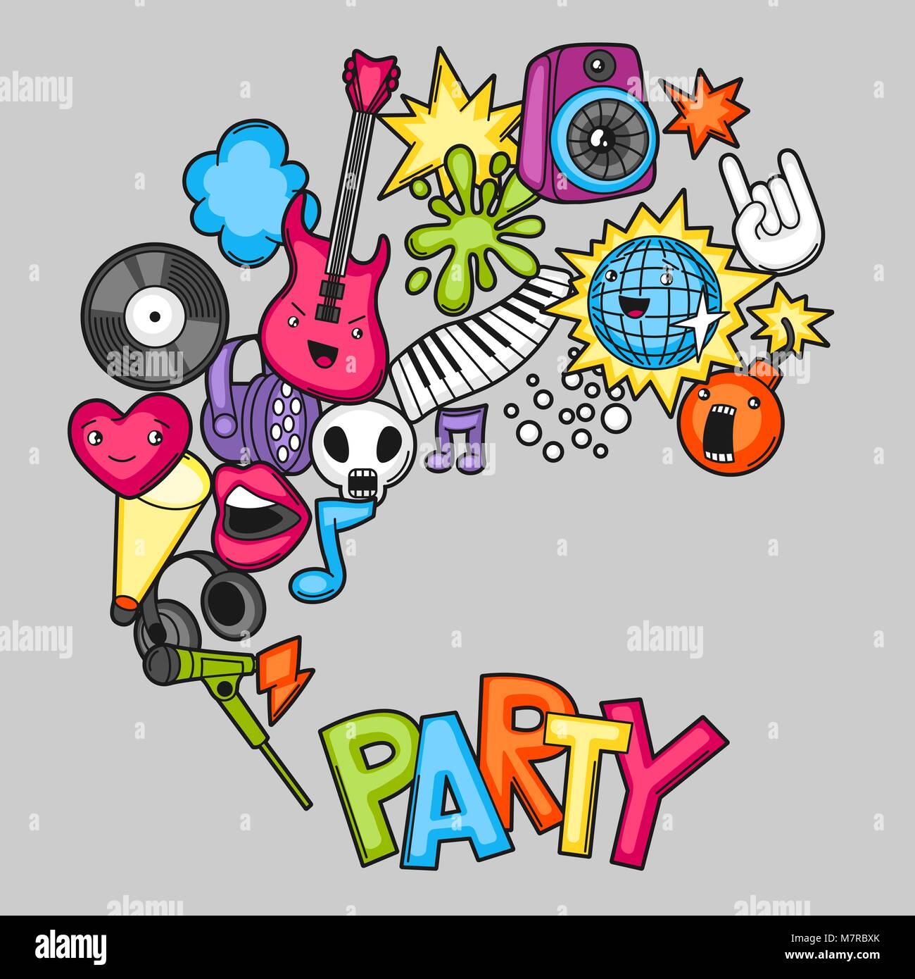 Musik Party kawaii Hintergrund. Musikinstrumente, Symbole und Objekte ...