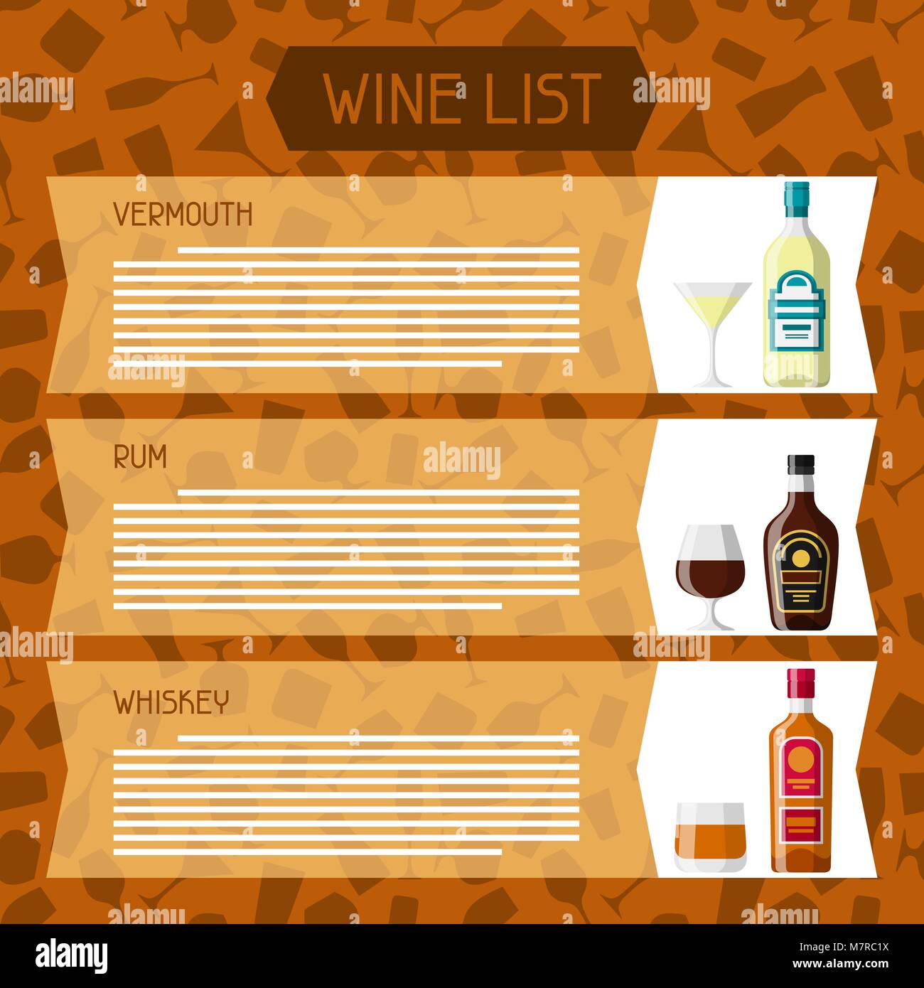 Alkohol Getränke Menü oder Weinkarte. Flaschen, Gläser für Restaurants ...