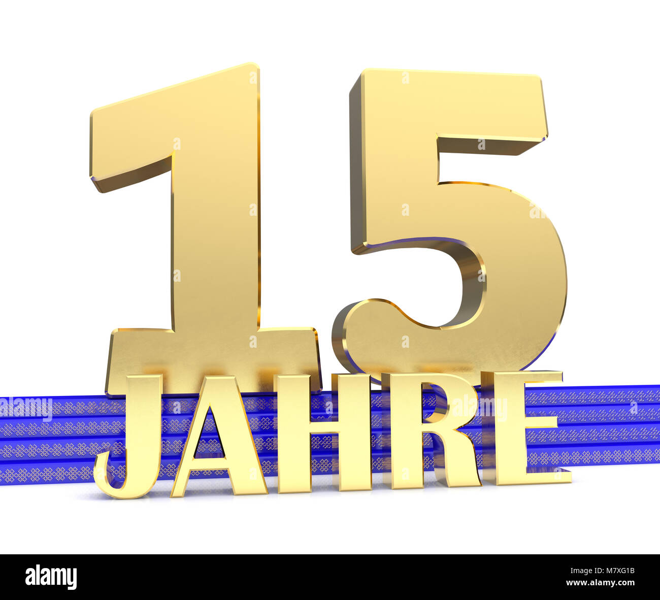Goldene Zahl 15 und der Aufschrift Jahre auf dem blauen Treppe mit ...