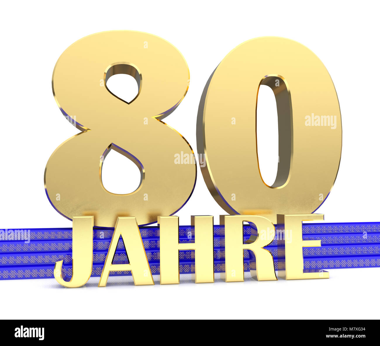 Goldene Zahl 80 und der Aufschrift Jahre auf dem blauen Treppe mit ...