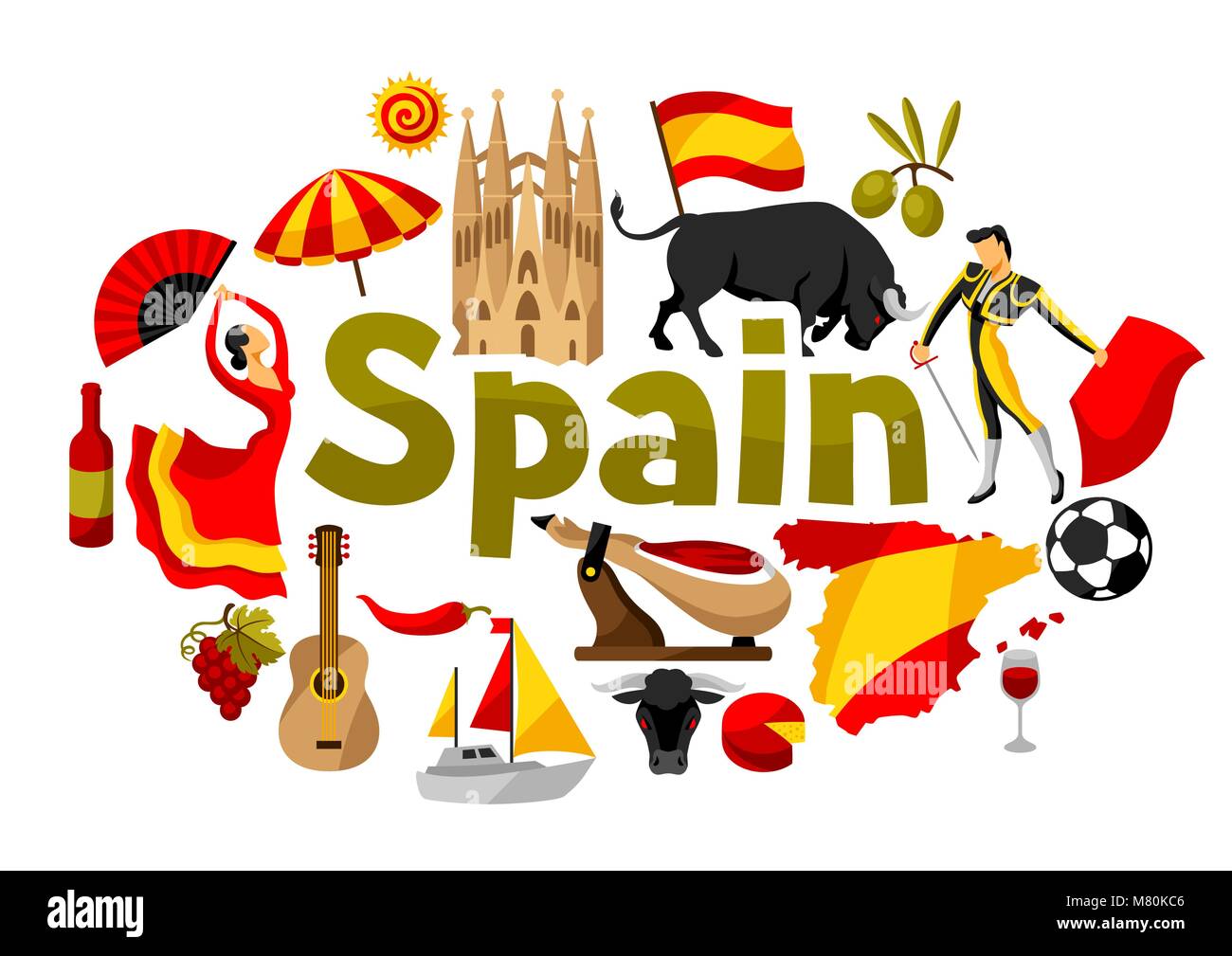 Spanien Hintergrund Design. Spanische traditionelle Symbole und Objekte ...