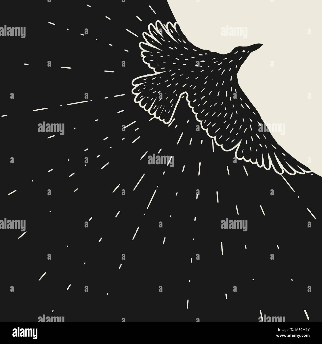 Hintergrund mit schwarzem Flying raven. Hand gezeichnet inky Vogel ...
