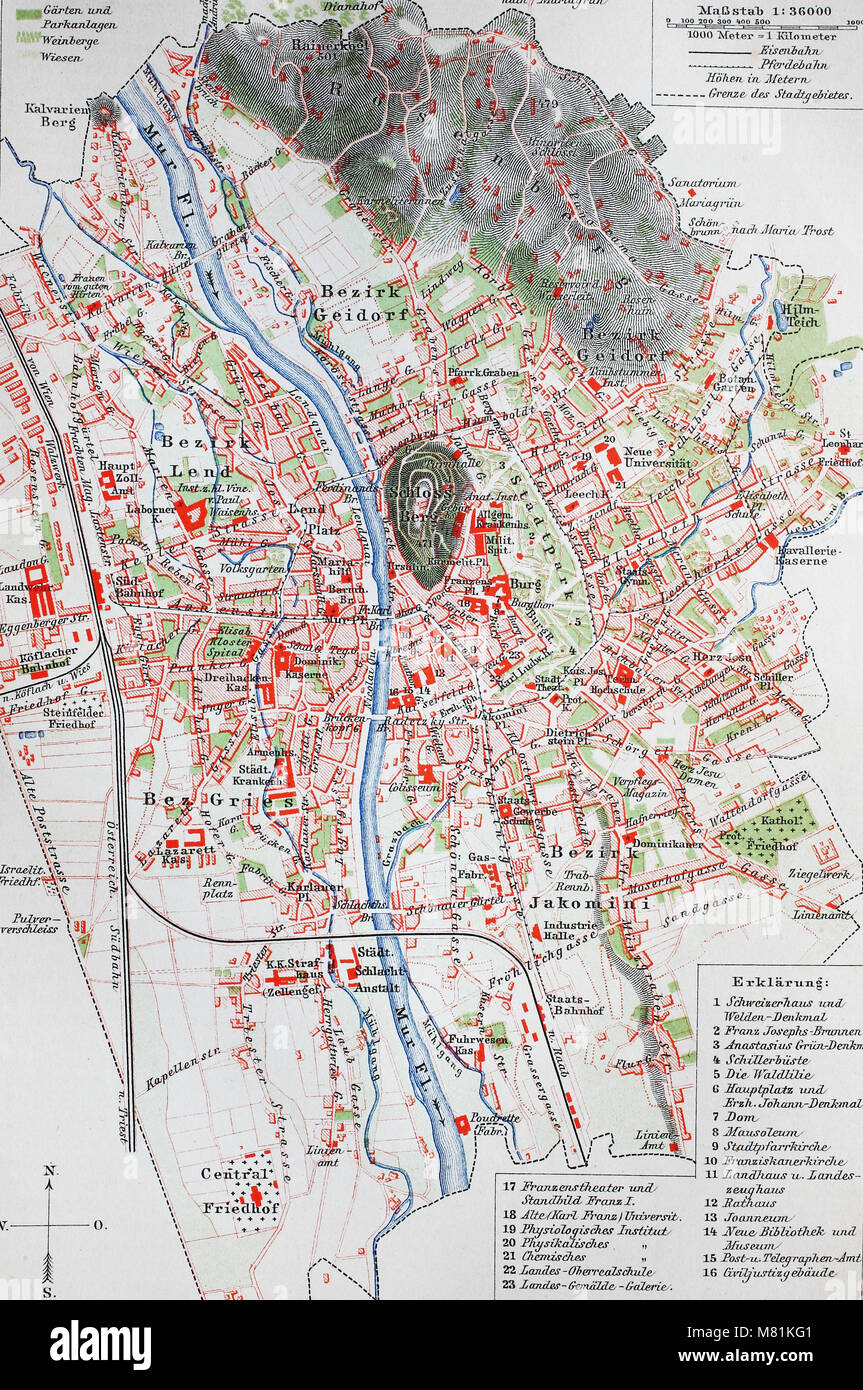 Stadtplan aus dem Jahr 1892: Graz, Österreich, digital verbesserte ...