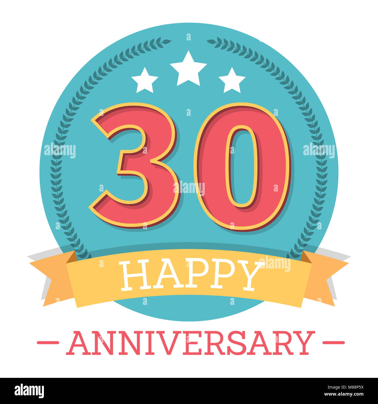 30 Jahre Jubiläum Emblem mit Band, Sterne und Lorbeerkranz, Vector EPS ...