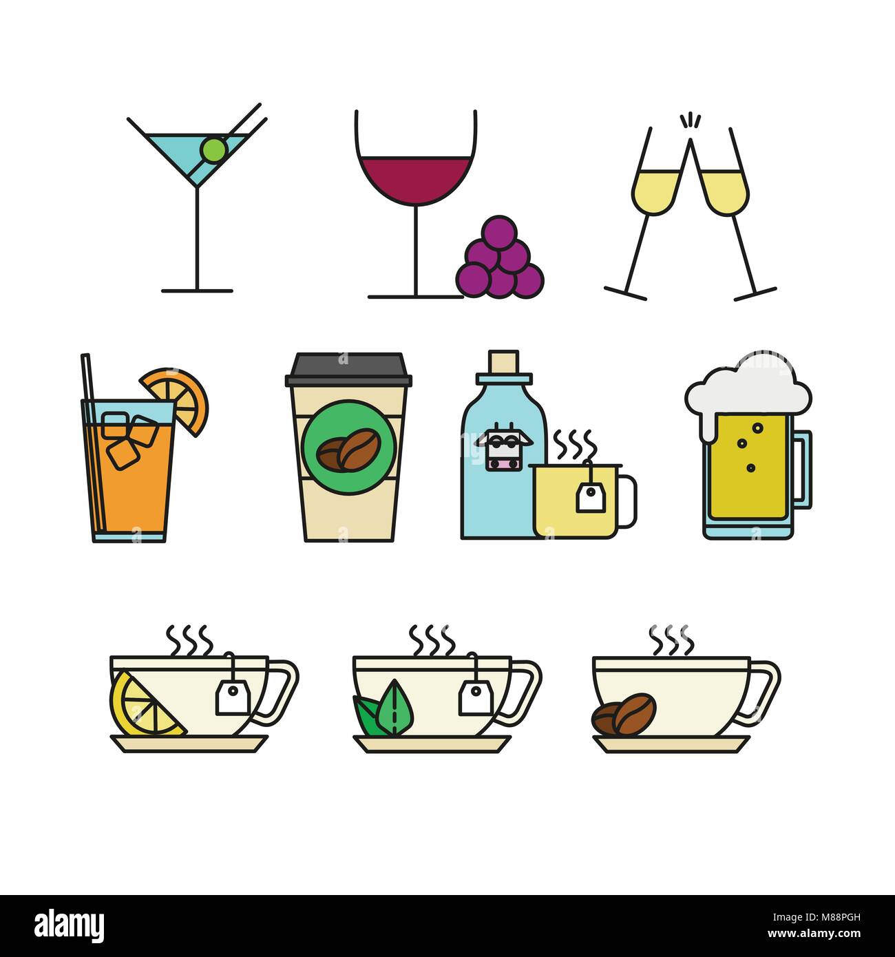 Verschiedene Getränke Menü Cafe Die dünne Linie Symbol Vektor ...