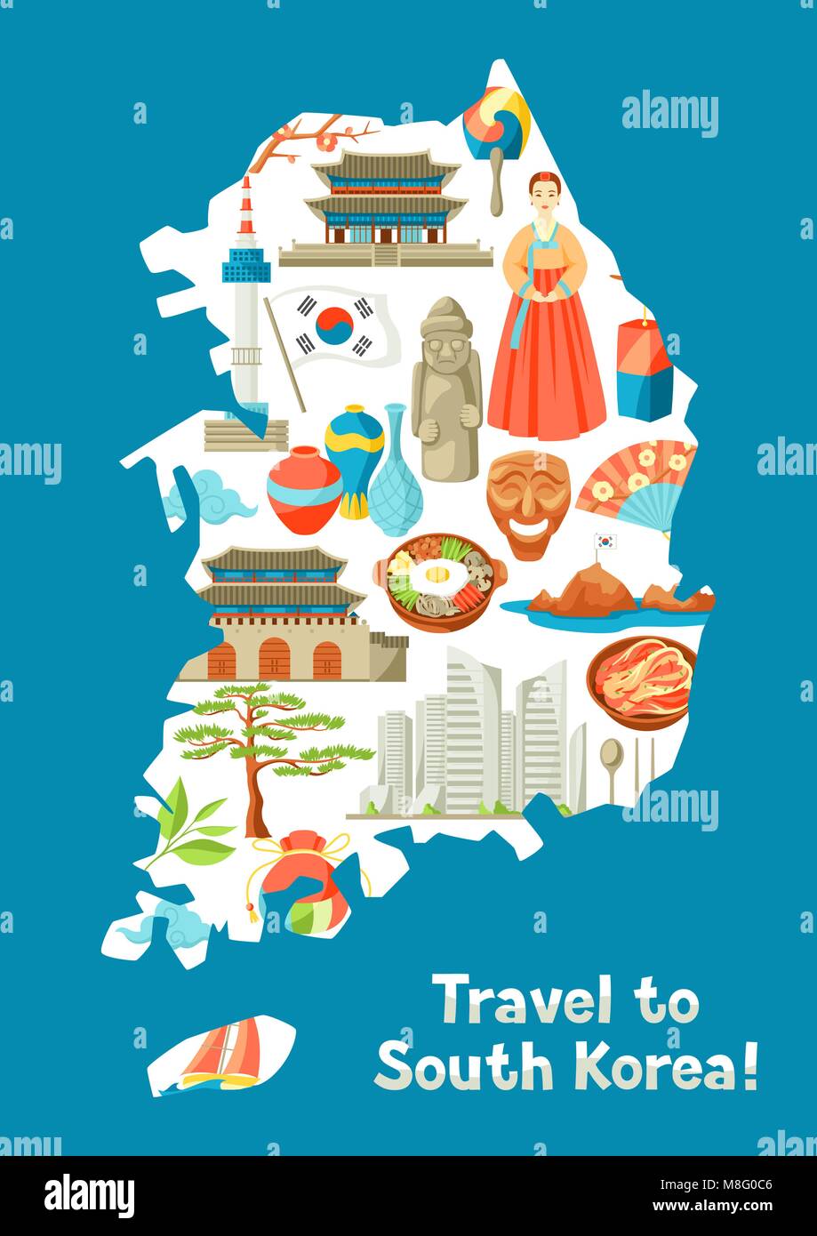 Südkorea Karte Design Traditionelle Koreanische Symbole Und Objekte