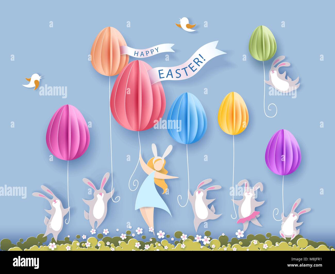 Frohe Ostern Karte mit Bunny, Mädchen und Ei Stock-Vektorgrafik - Alamy