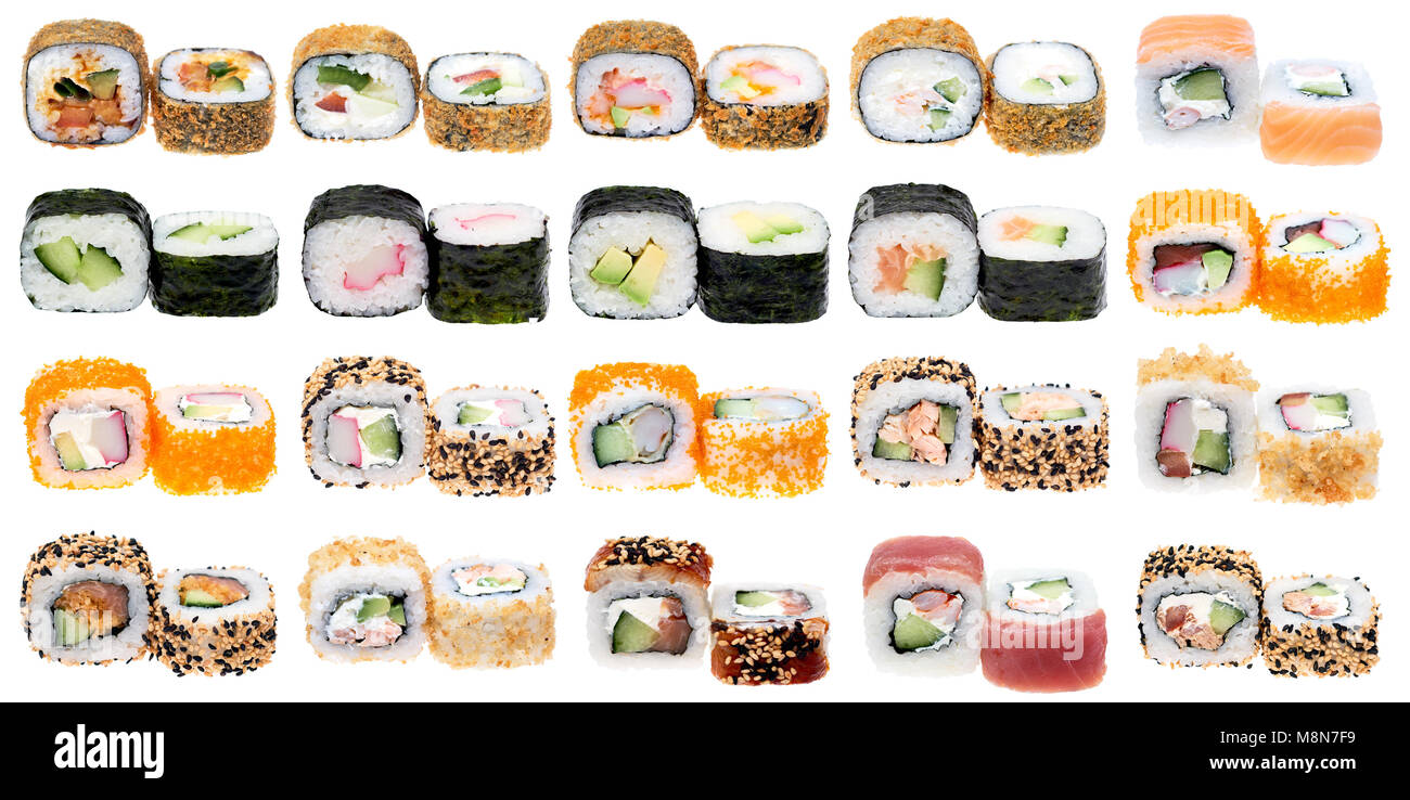Verschiedene Arten von Sushi Roll auf weißem Hintergrund. Japanische ...