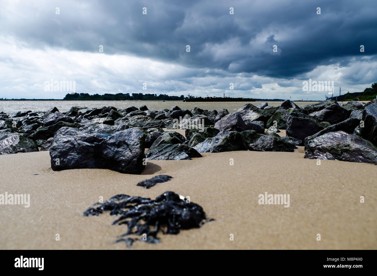 Schwarze Steine am Strand Ufer von Blankenese in Hamburg, Deutschland ...