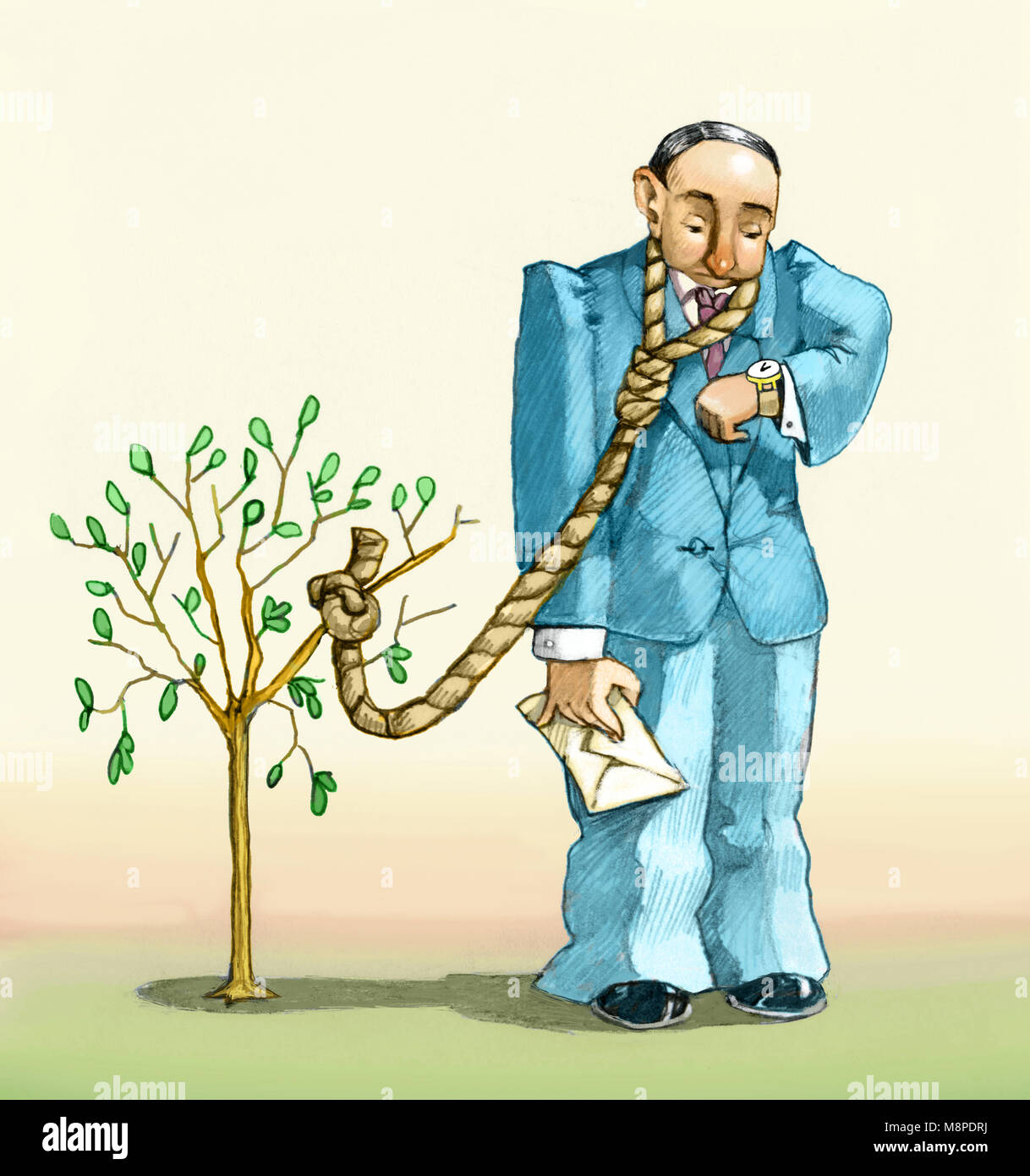 Procrastin Mann mit Schlinge um den Hals eines zu kleinen Baum schaut ...