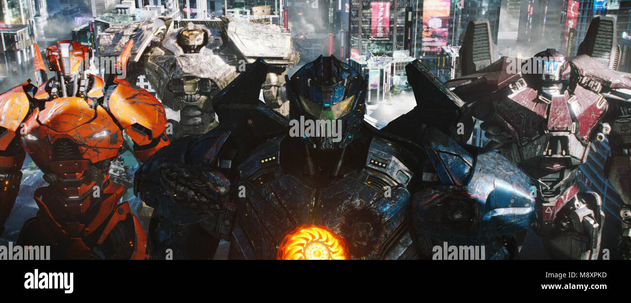 PACIFIC RIM Aufstand, von links: Jaeger mechs Sabre Athena, Bracer ...
