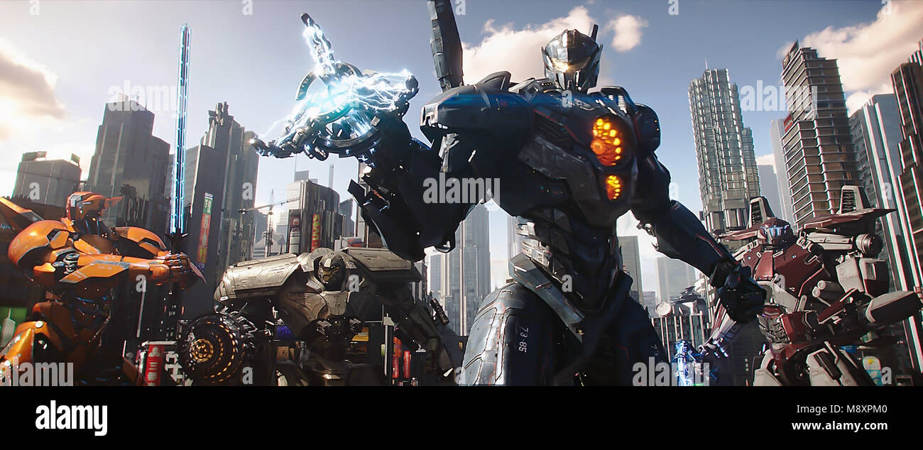 PACIFIC RIM Aufstand, von links: Jaeger mechs Sabre Athena, Bracer ...
