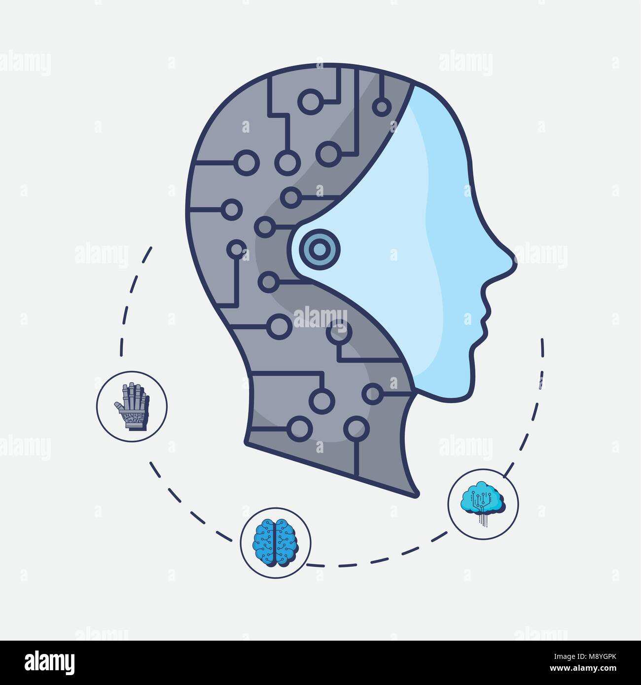 Künstliche Intelligenz Design mit roboterkopf und die zugehörigen ...