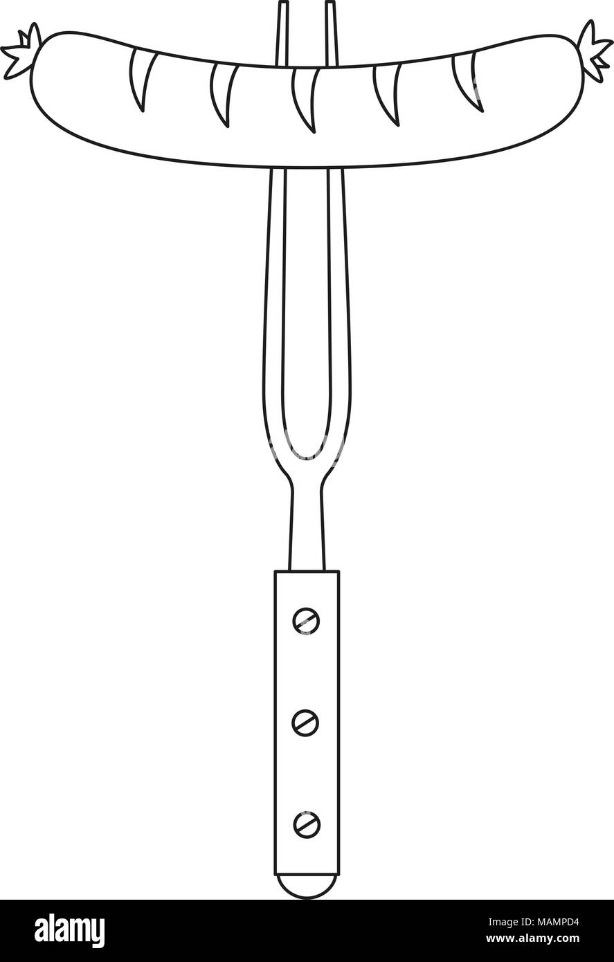 Line Art schwarze und weisse Wurst auf Gabel Komfort fastfood Vector ...