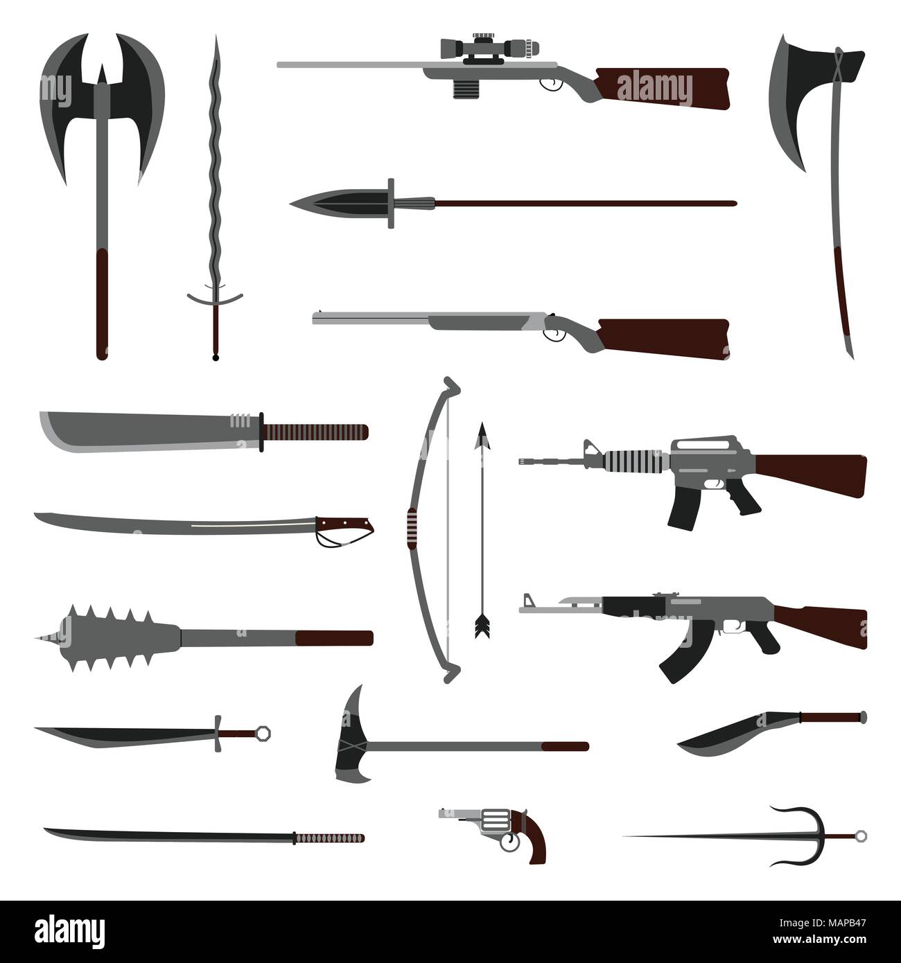 18 Waffe Symbol. Mittelalter und Moderne. Flache Vector Illustration ...